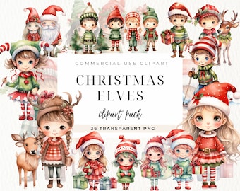 Christmas Elves Watercolor Clipart, Christmas Elf PNG, Santa's Helper ...
