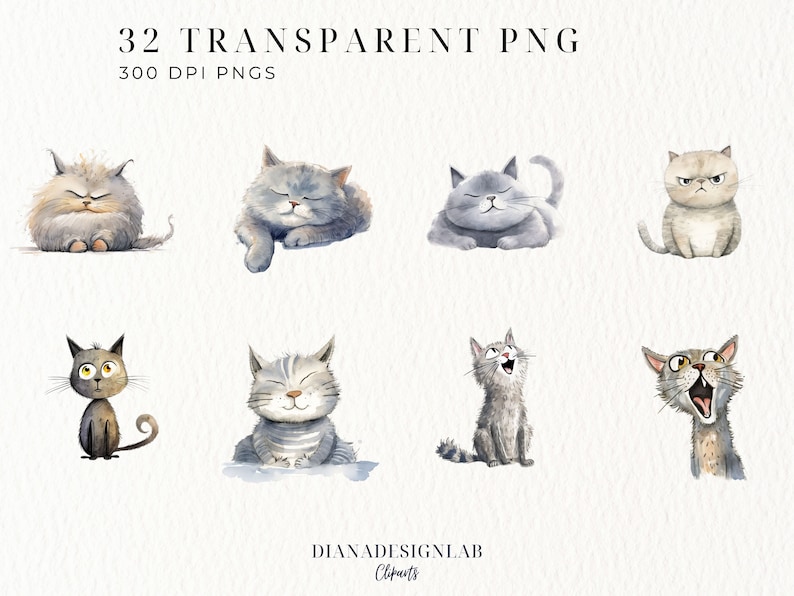 Quirky Cat Clipart, Whimsical Cats Clip Art, Kawaii Cat, Quirky Cat ...