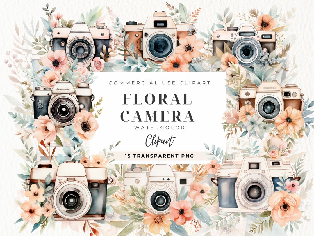 Floral Camera Watercolor Clipart, Camera Clip Art, Commercial Use ...