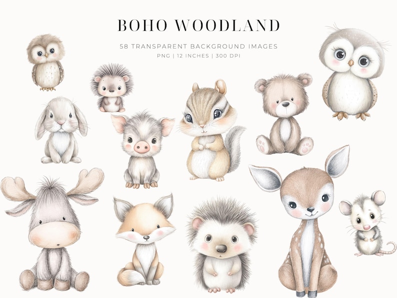 Boho Woodland Clipart, Baby Animals, Nursery Decor, Woodland Baby ...