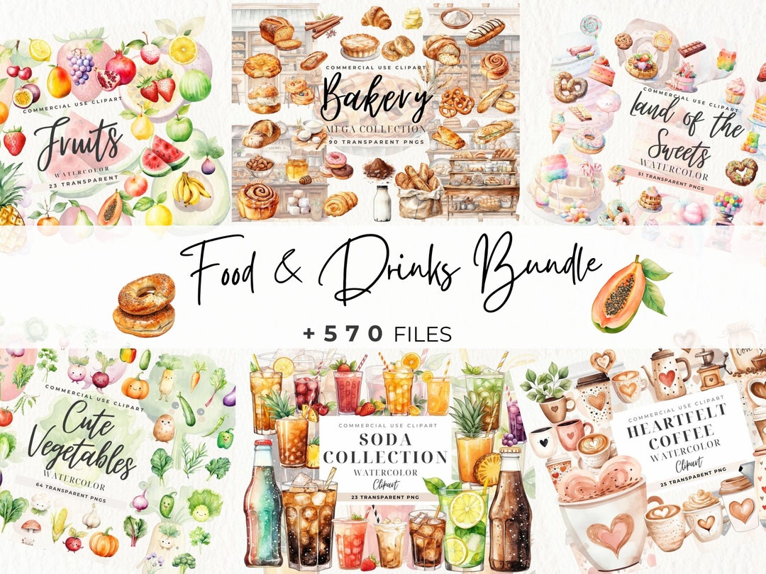 Food and Drinks Mega Bundle Clipart, Kitchenware, Sweets, Bread, Soda ...