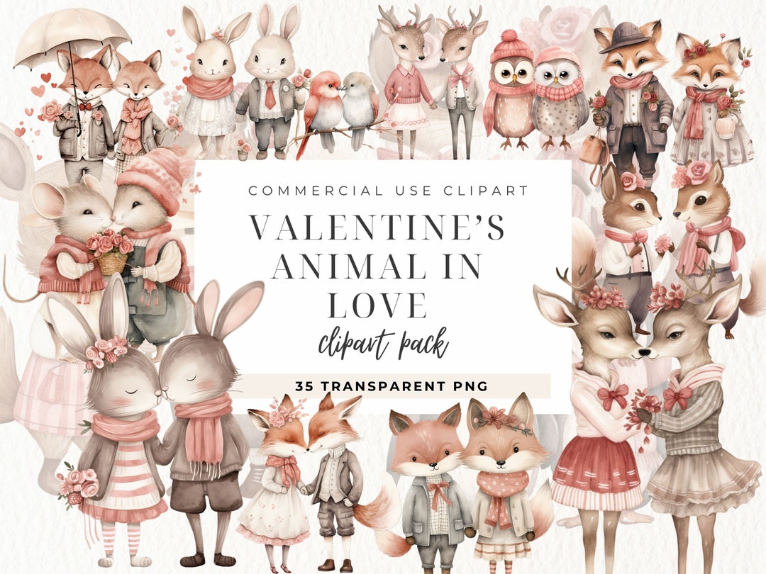 Watercolor Valentine's Day Clipart, Love Clipart, Couple Animals ...