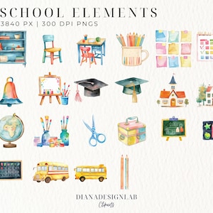 School Supply Clipart Watercolor, Elementary School, Supply, Back to ...
