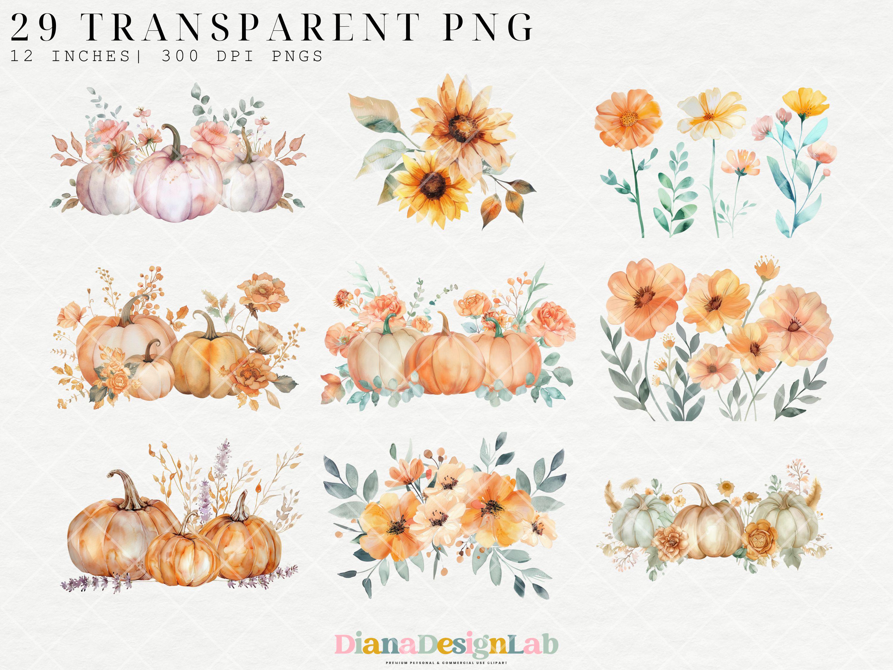 Pumpkins and Flowers Watercolor Autumn Clipart, Pumpkin Bouquets ...