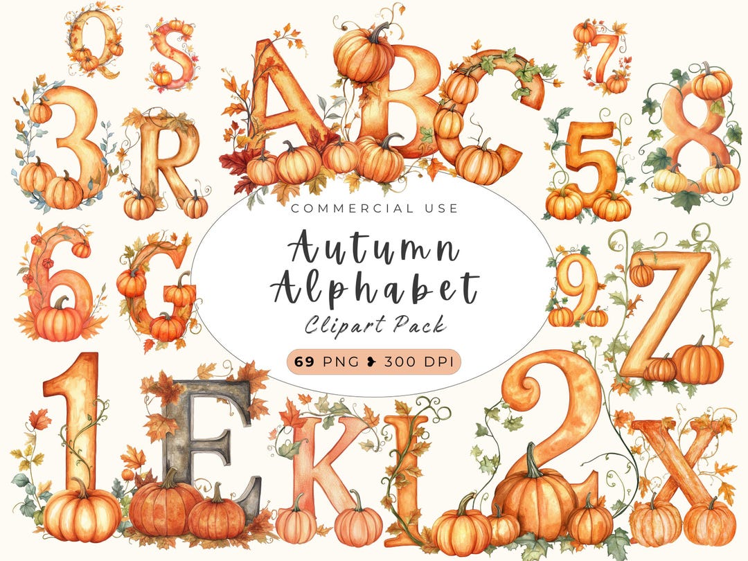 Autumn Alphabet Clipart, Pumpkins and Flowers Watercolor Autumn ...