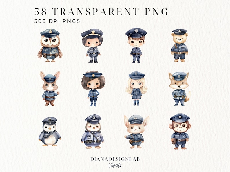 Watercolor Police Clipart, Police Station, Animals Vehicles, Cute ...