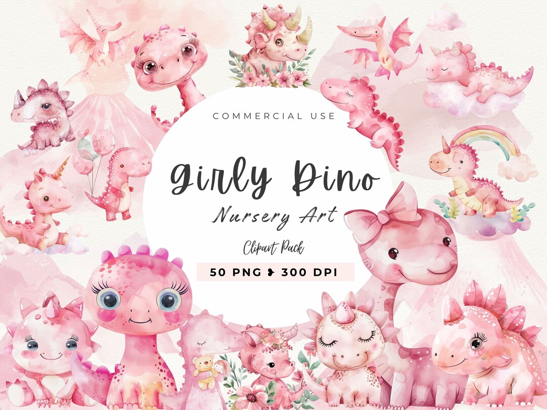 Girl Dino Clipart, Dinosaur Clipart, Girly Party, Birthday Party Decor ...