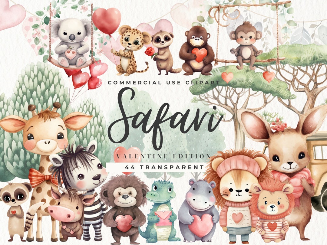 Safari Valentines Day Clipart, Baby Animals, Romantic Clip Art, Cute ...