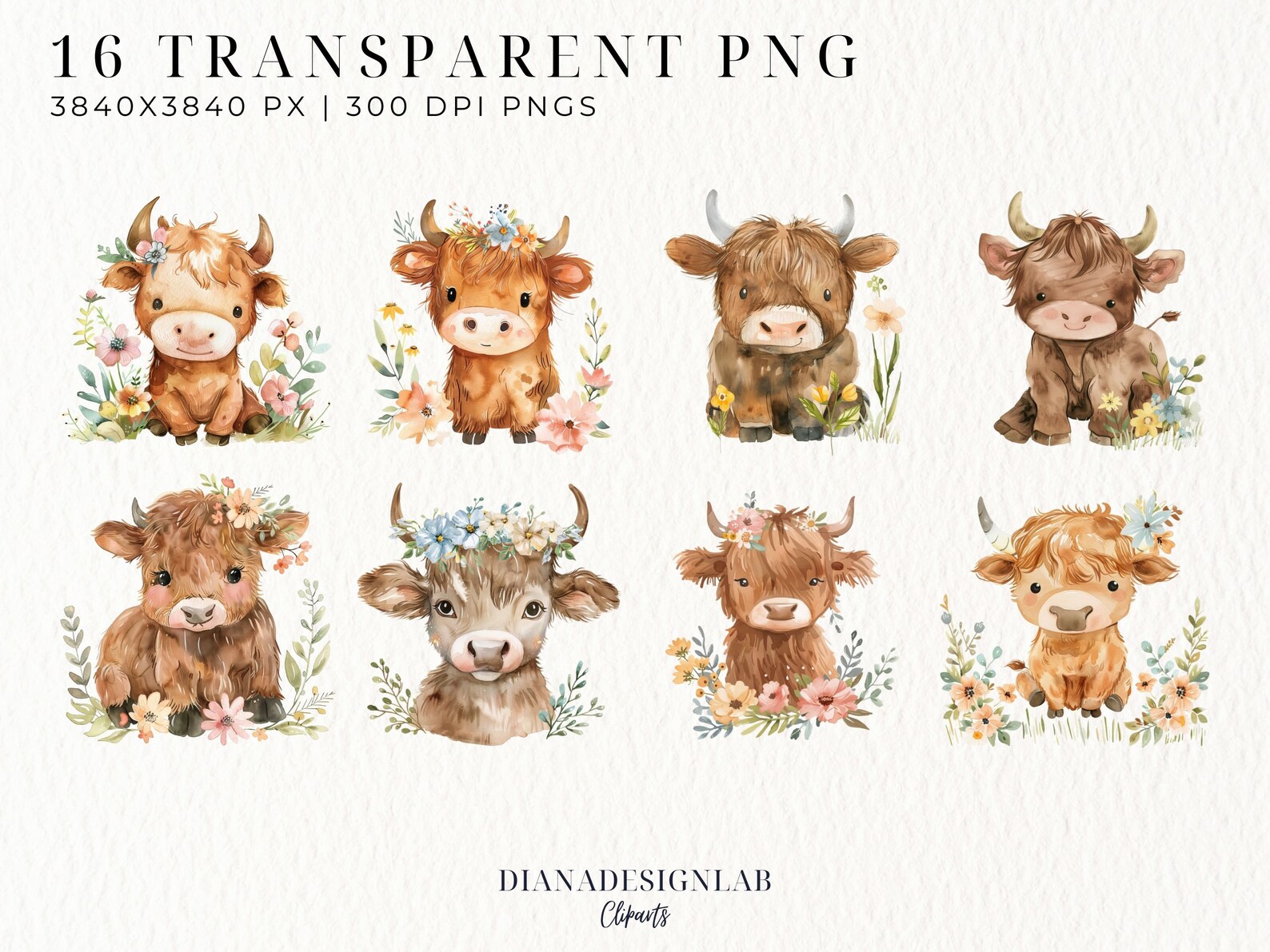 Baby Highlander Cows in Flowers Clipart, Highland Cow Sublimation ...