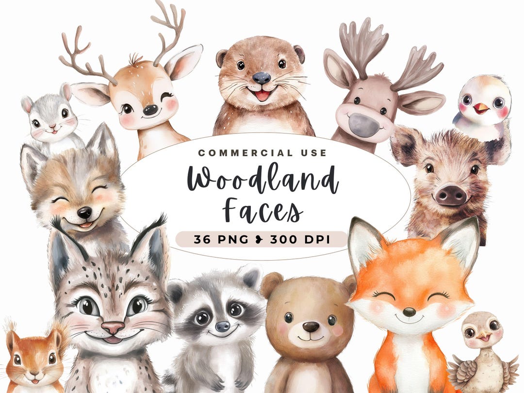 Watercolor Woodland Portraits Clipart, Cute Faces Animals, Baby Animals ...