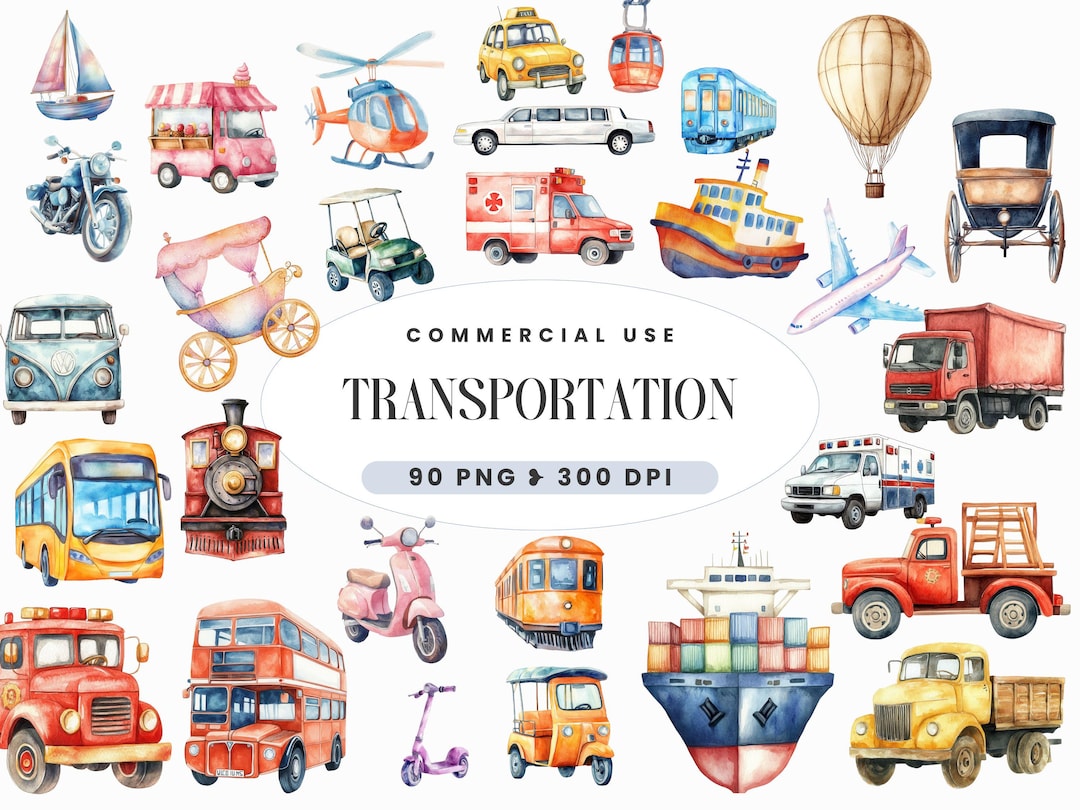 Watercolor Transportation Clipart, Cute Kids Vehicles PNG Bundle, Cars ...