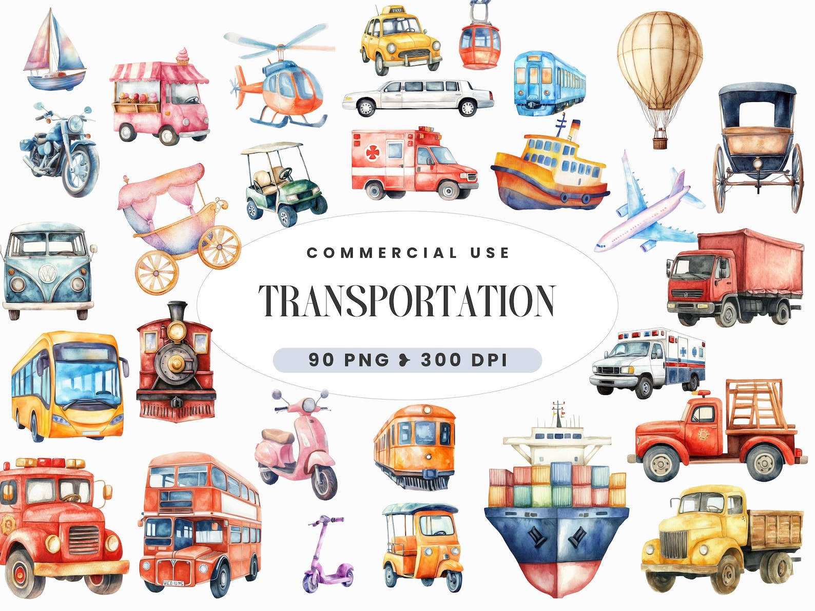 Watercolor Transportation Clipart, Cute Kids Vehicles PNG Bundle, Cars ...