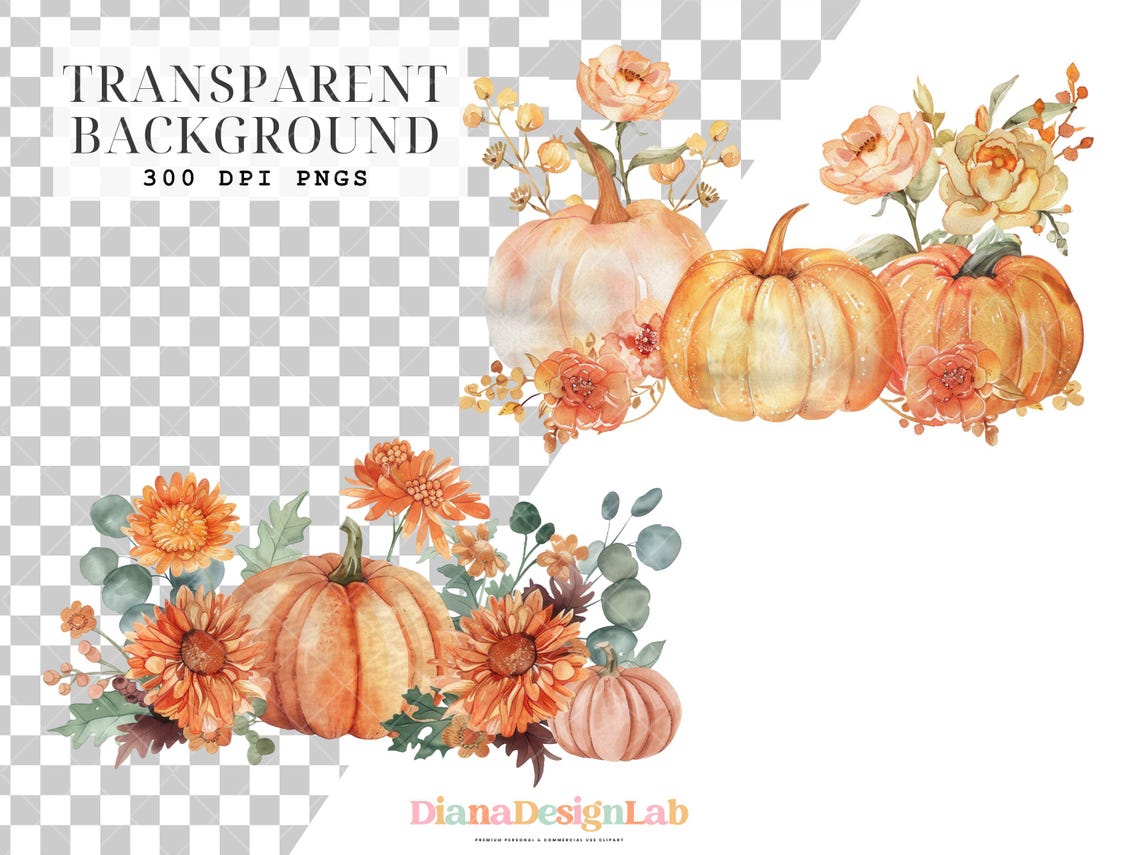 Pumpkins and Flowers Watercolor Autumn Clipart, Pumpkin Bouquets ...