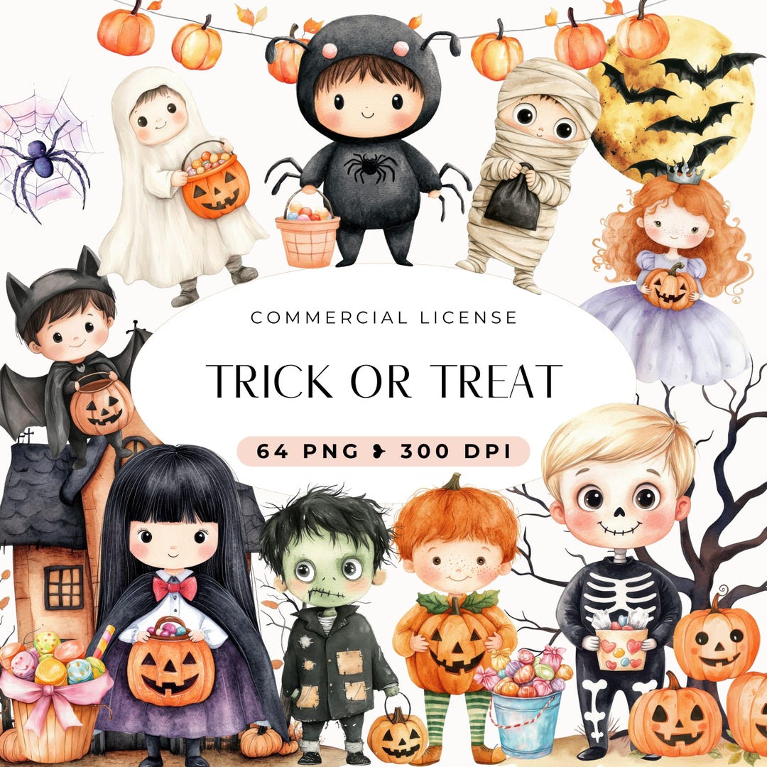 Cute Halloween Clipart Set, Kids in Halloween Costumes Clipart, Trick ...