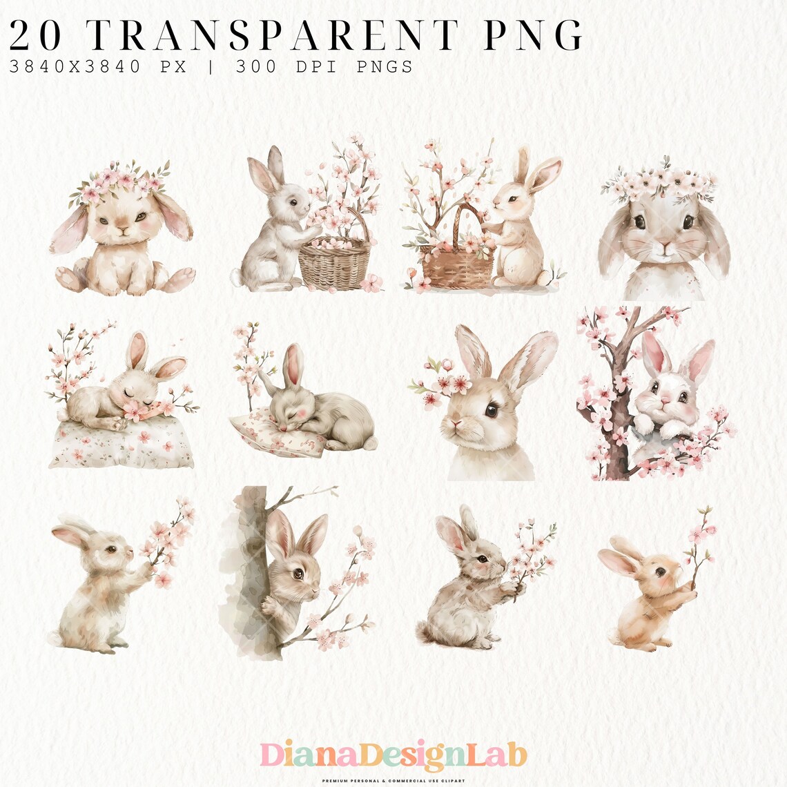 Spring Blossom Clipart, Cute Bunny, Digital Download, Floral Branches ...
