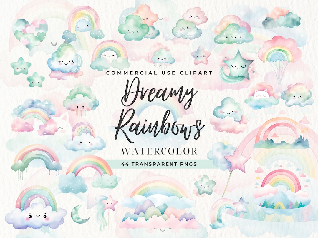 Cloud and Rainbow Watercolor Clipart, Instant Download, Stars Clip Art ...