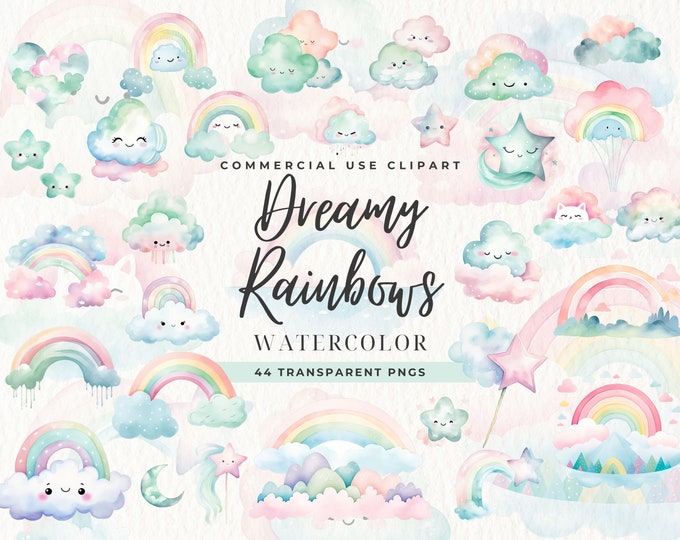 Pastel Rainbows Clipart Set - Rainbows, Clouds, Sun, Hearts, Rain ...