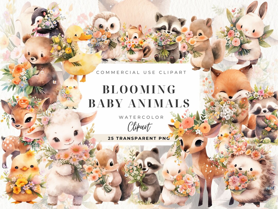 Watercolor Spring Baby Animals Clipart, Floral Bouquet, Spring Bundle ...