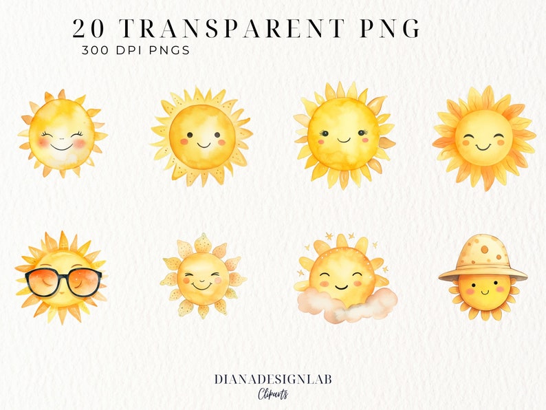 Watercolor Cute Sun Clipart Commercial Use Weather Clip Art - Etsy