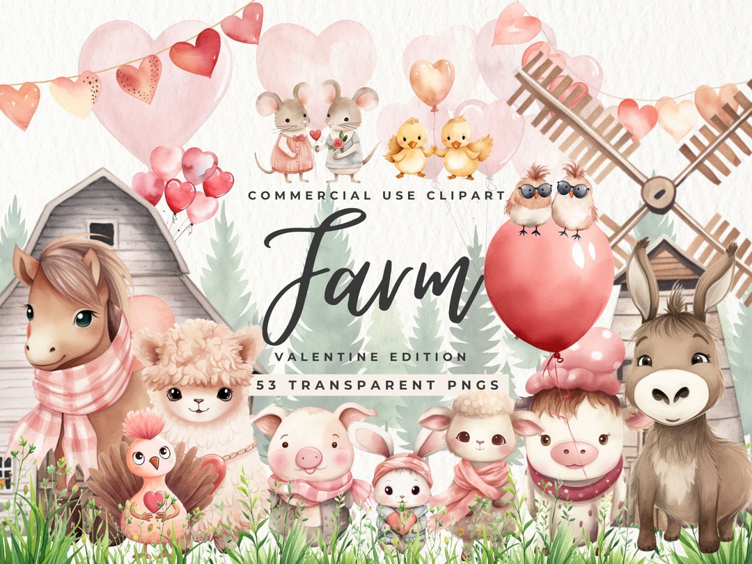 Farm Valentines Clipart, Baby Animals, Romantic Clip Art, Watercolor ...