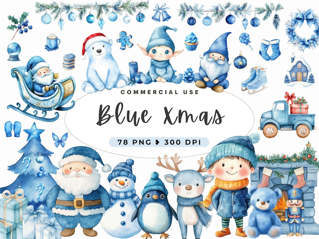 Blue Christmas Clipart, Cute Xmas, Santa Claus, Gingerbread Man, Kids ...