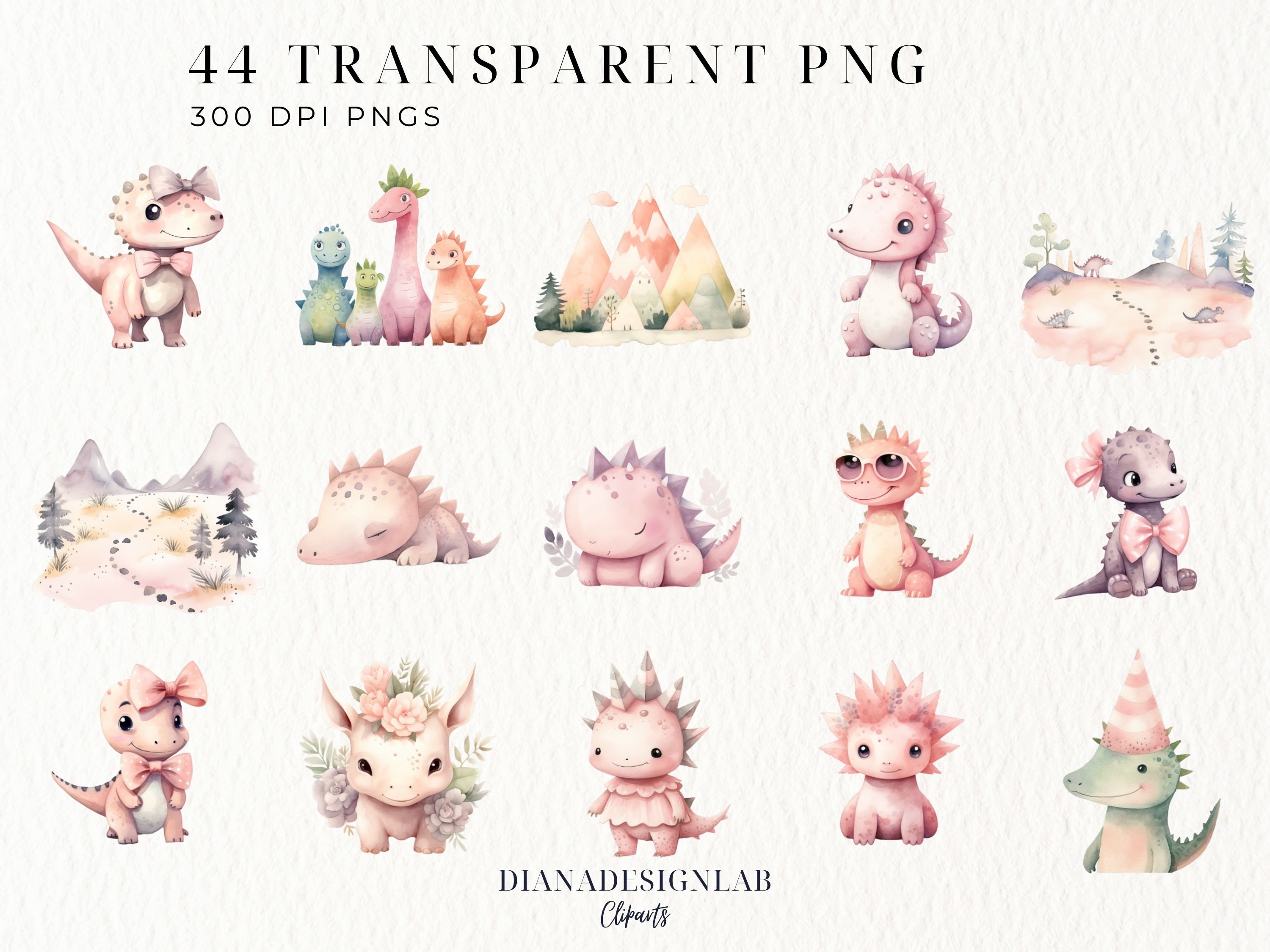 Girl Dino Watercolor Clipart, Baby Shower, Dino Digital Download ...