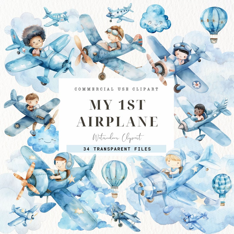 Watercolor Airplane Clipart, Baby Boy, Vintage Toys Nursery Decor ...