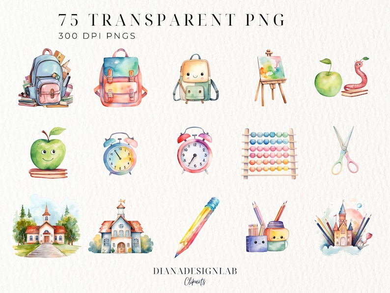 School Supply Clipart Watercolor, Teacher School, Classroom, Study Clip ...