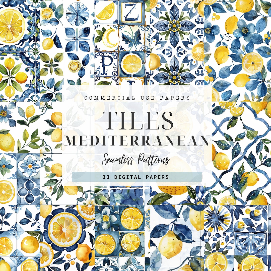 Mediterranean Tiles Seamless, Blue and White, Lemon, Bougainvillea ...