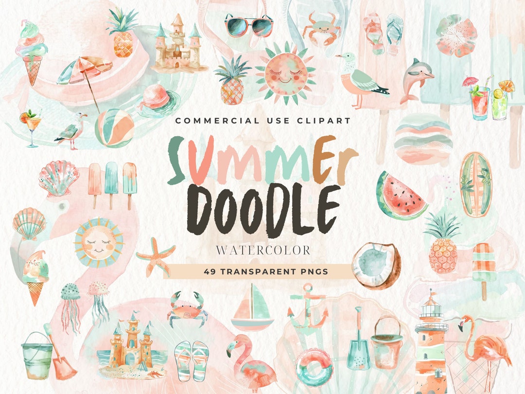 Summer Doodle Clipart, Seasonal Clip Art, Instant Download, Watercolor ...