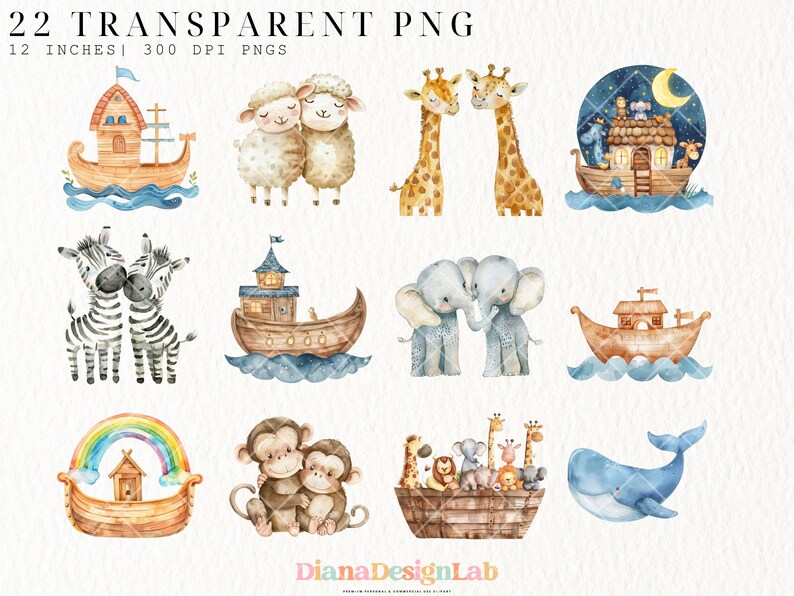 Watercolor Noahs Ark Baby Nursery Clipart, Baby Shower Birthday Party ...
