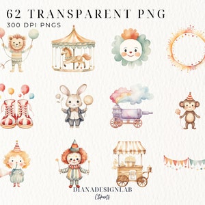 Circus Watercolor Clipart, Colorfull Nursery Decor, Baby Shower, Cute ...