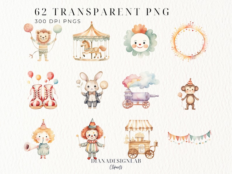 Circus Watercolor Clipart, Colorfull Nursery Decor, Baby Shower, Cute ...