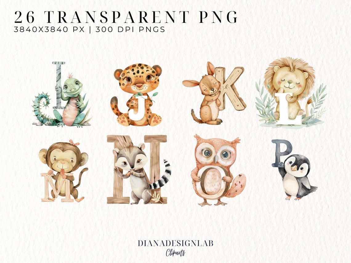 Watercolor Animal Alphabet Clipart, Commercial Use, Instant Download ...