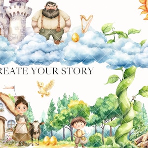 Jack and the Beanstalk Clipart, Watercolor Fairy Tale Graphics, Kids ...
