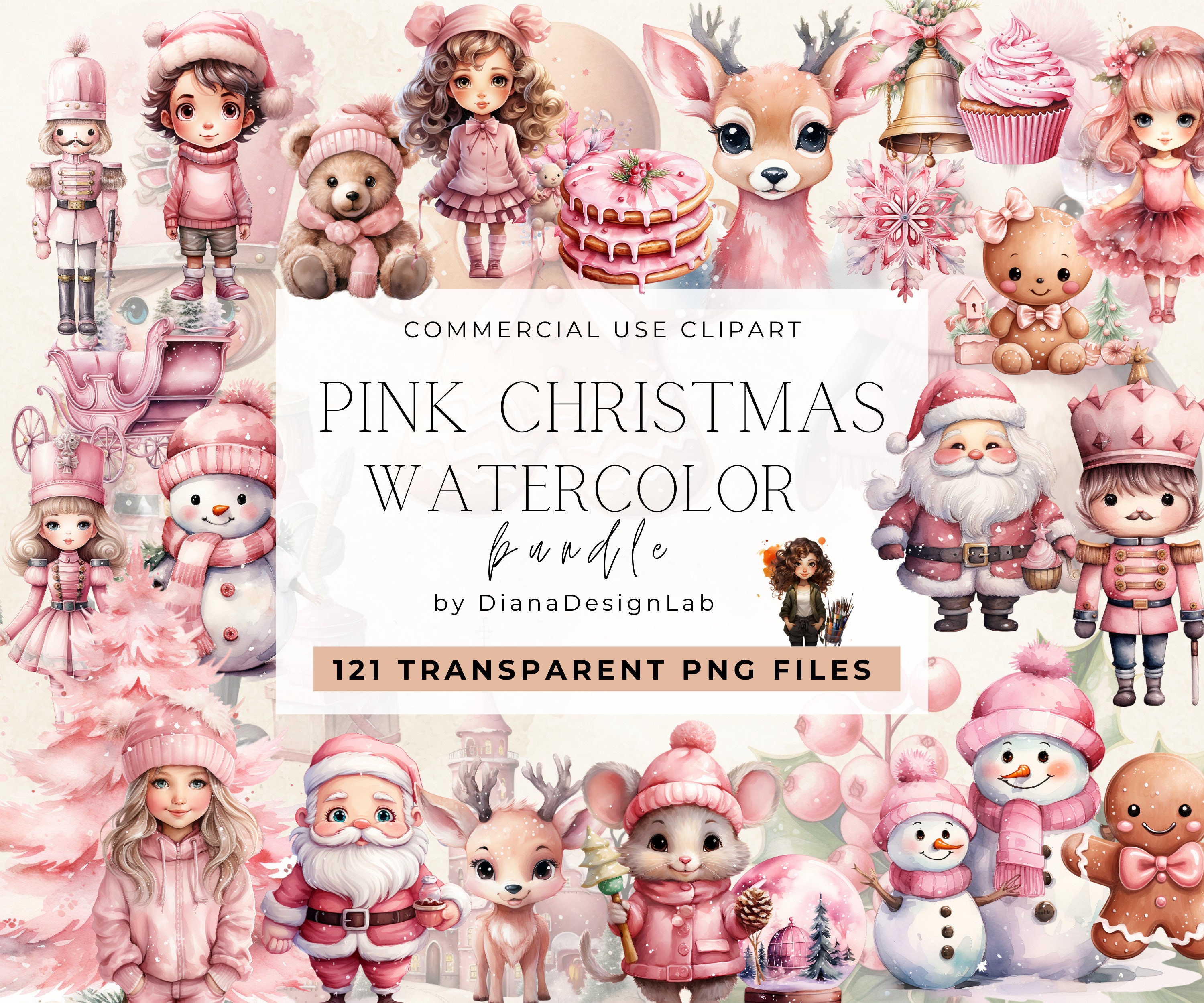 Pink Christmas Clipart Bundle, Watercolor Christmas Clipart Winter ...