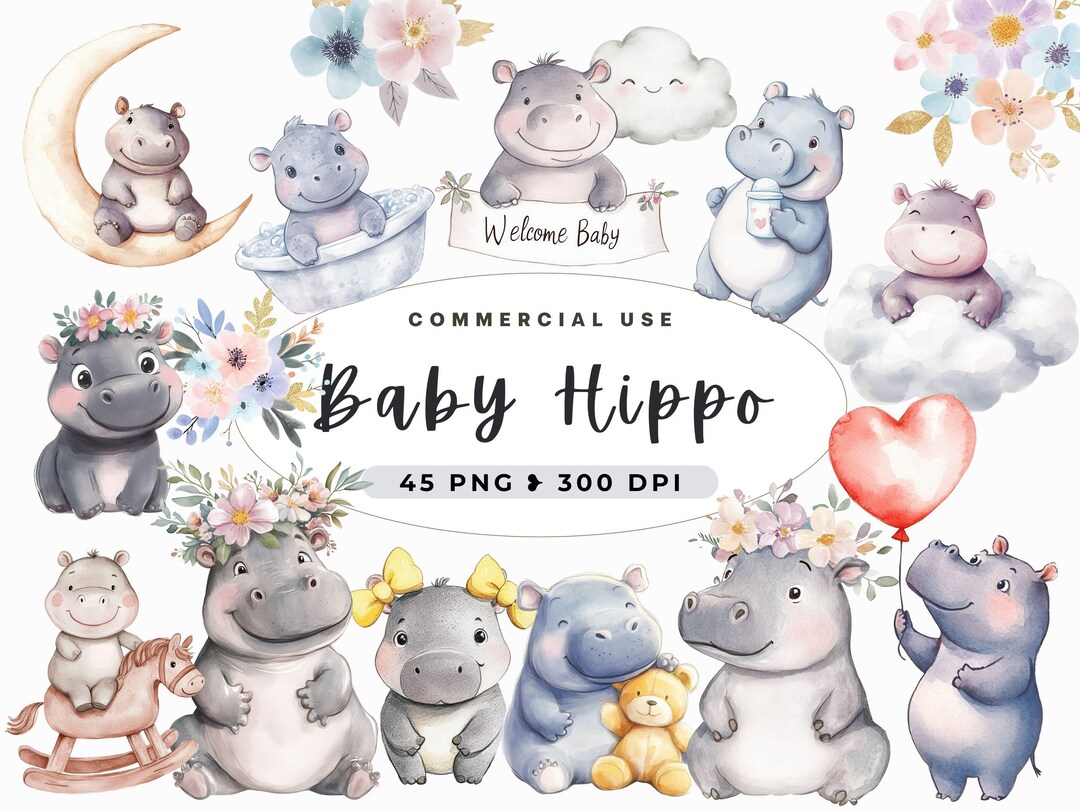 Baby Shower Hippo Clipart, Nursery Decor, Instant Download, Watercolor ...
