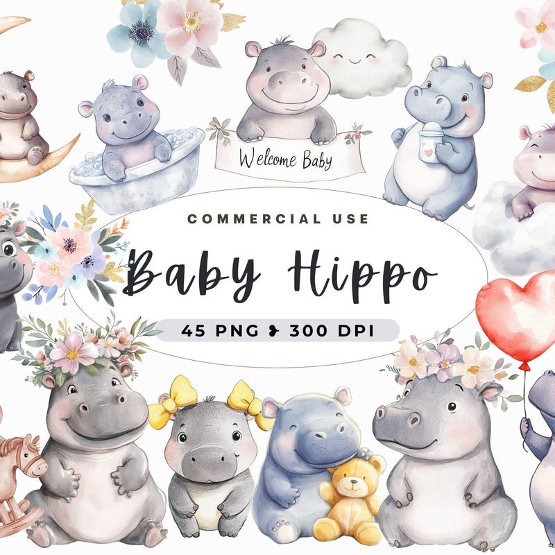 Hippo Watercolor - Etsy