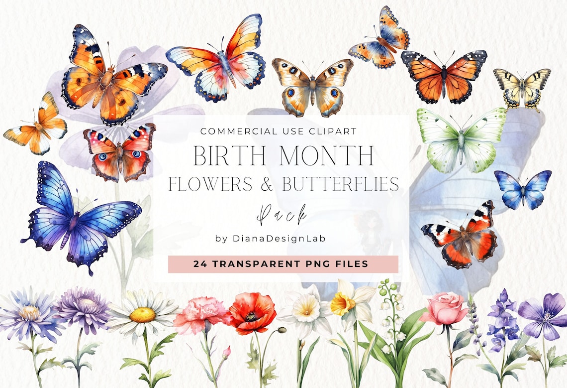 Birth Month Flowers Clipart, Birth Month Butterflies Clipart, Birth ...