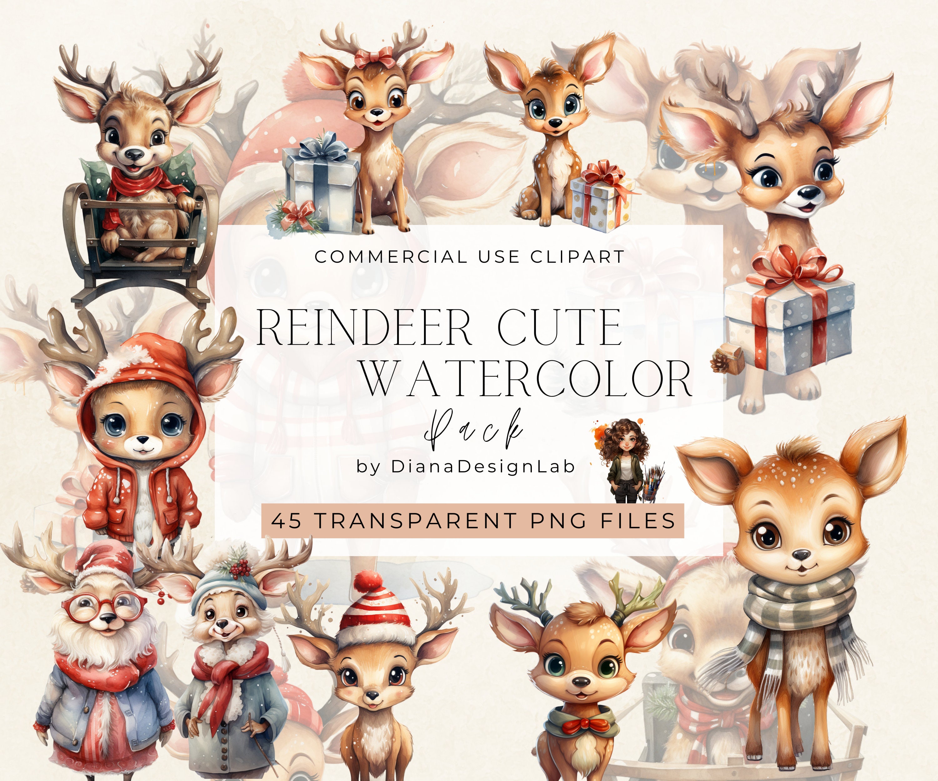 Reindeer Clipart Watercolor, Christmas Reindeer Clipart, Santa Sleigh ...