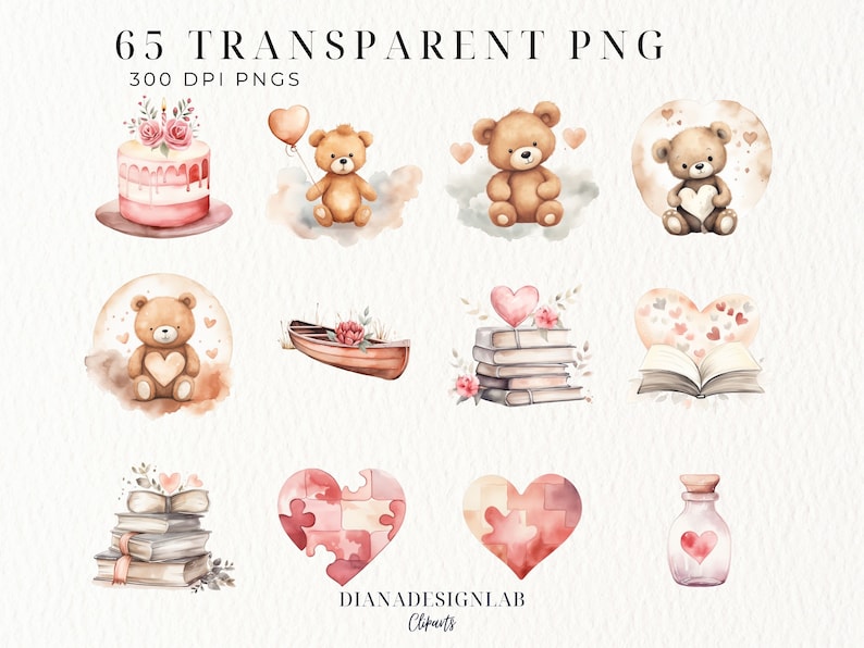 Watercolor Valentines Day Clipart, Boho Valentines Clip Art, Teddy ...