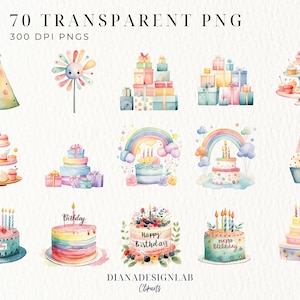 Watercolor Birthday Party Cake Present Balloons Clipart Bundle, Happy ...