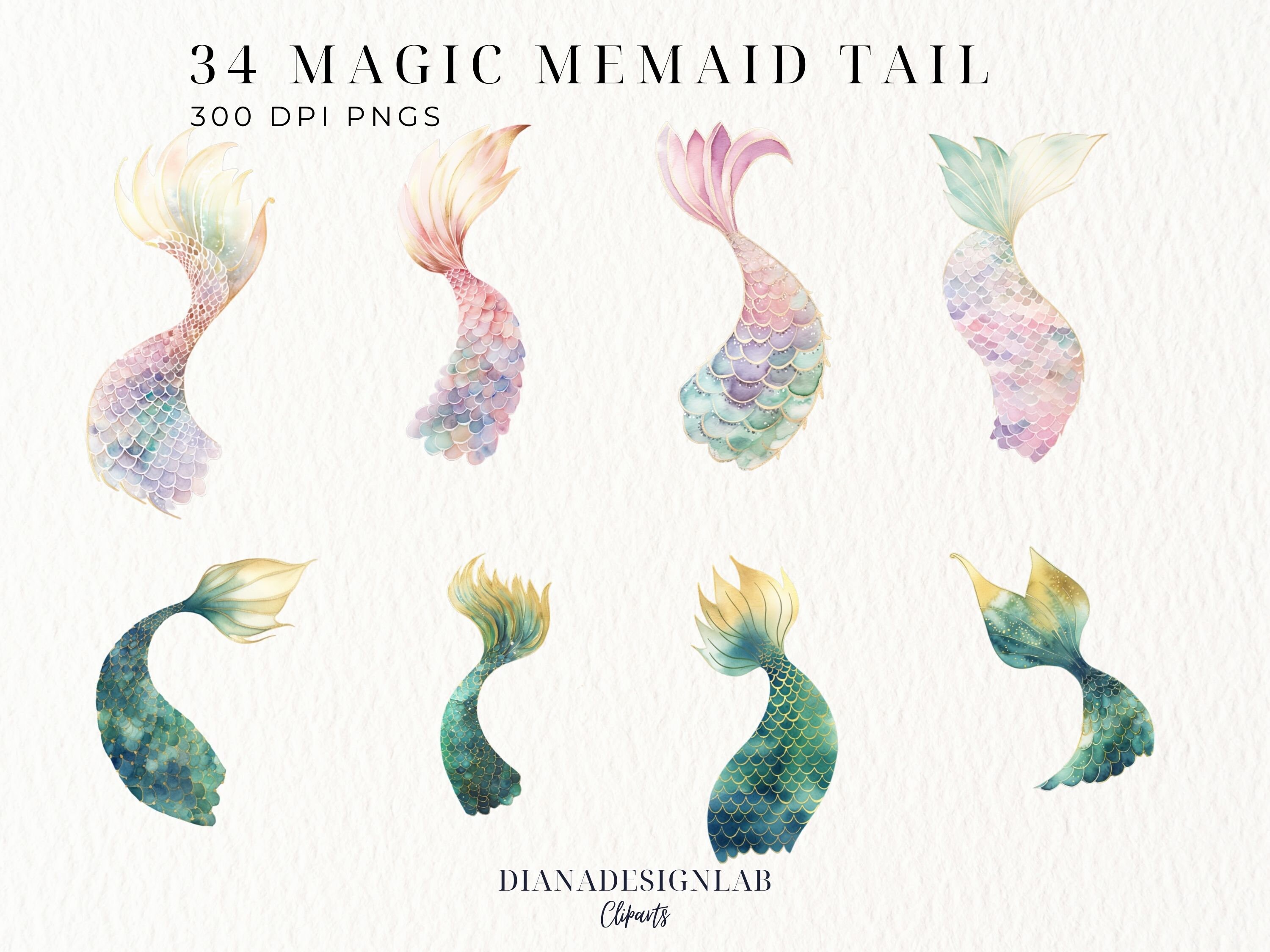 Watercolor Mermaid Tail Clipart Instant Download Pastel - Etsy