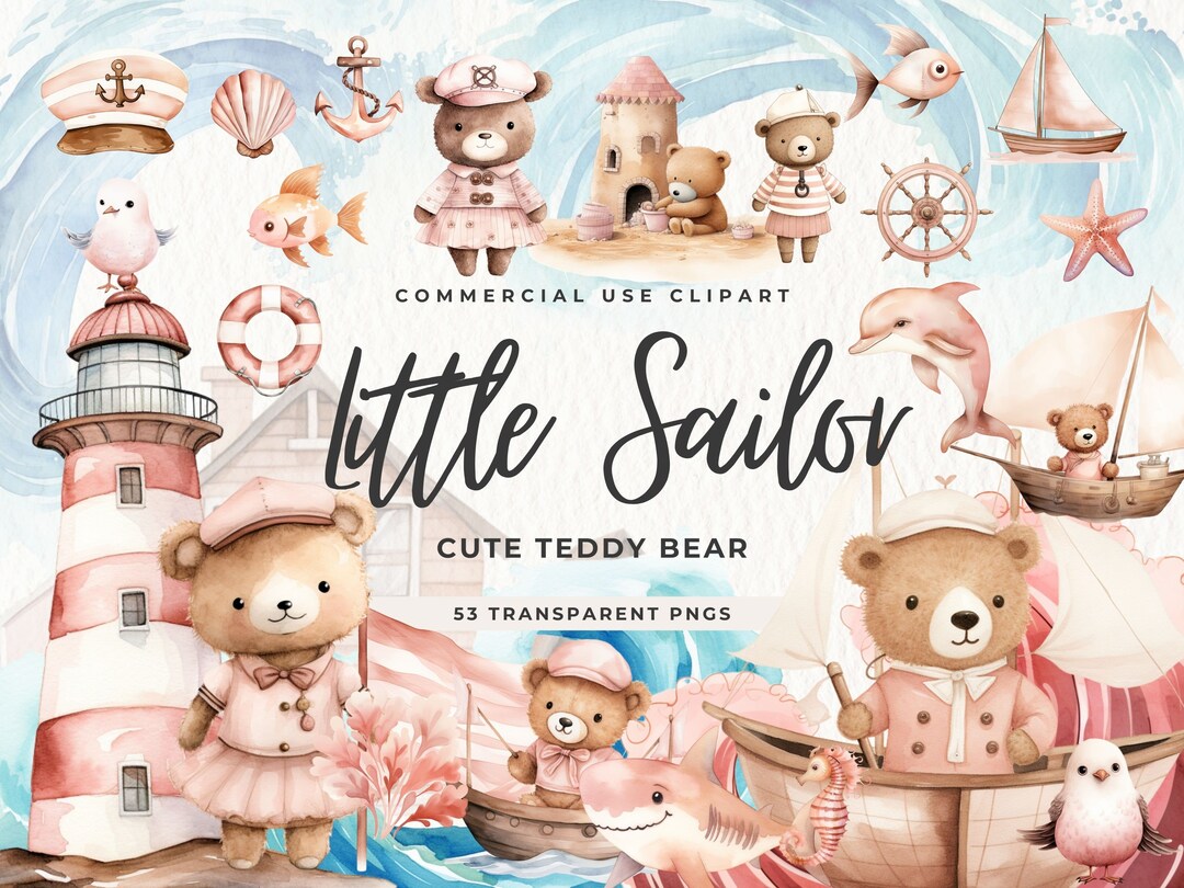 Cute Sailor Teddy Bear Clipart, Pink Nautical Nursery Clip Art, Under ...