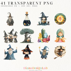 Wizard and Witch Watercolor Clipart, Commercial Use, Magic School Clip ...