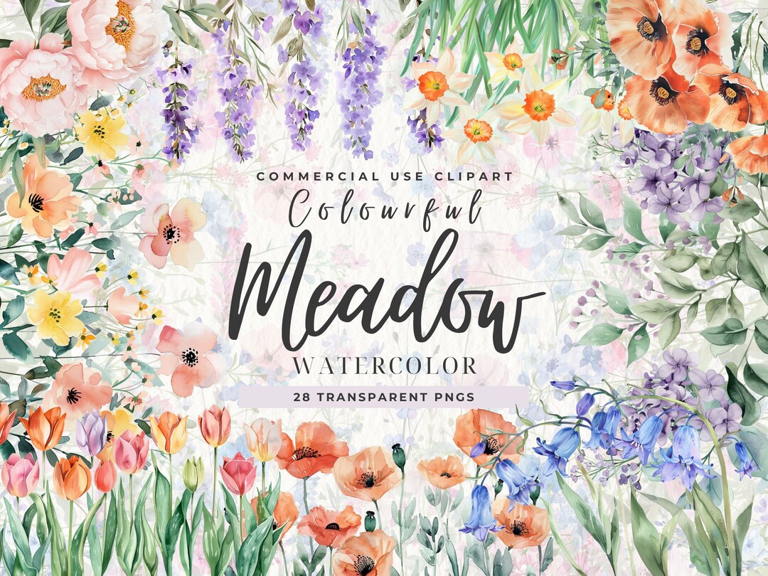 Wildflower Meadow Clipart, Summer Floral Nature, Watercolor Clipart ...