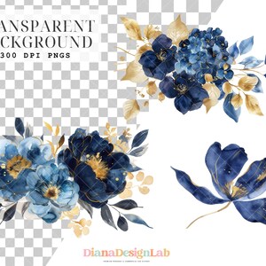 Navy and Gold Floral Clipart, Floral Bouquet, Blue Chinoiserie, Wedding ...