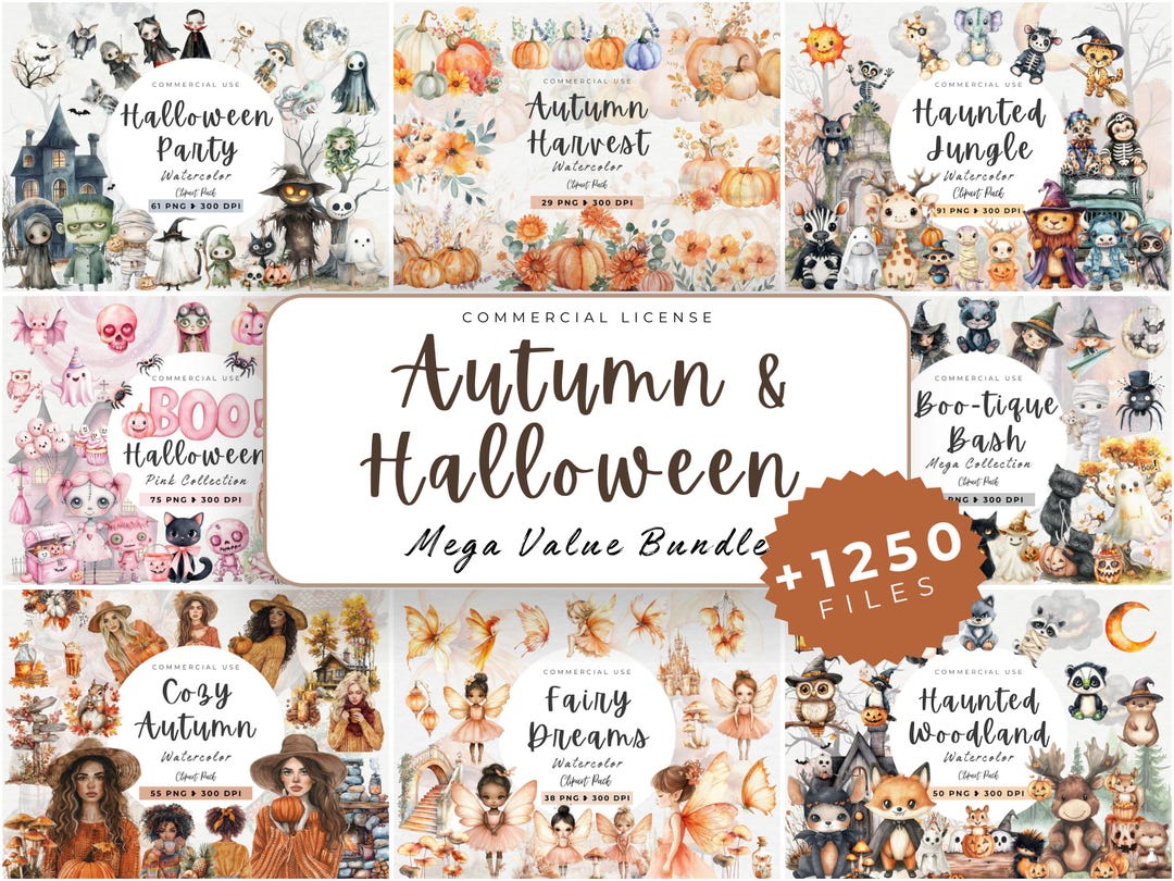 Mega Halloween Bundle Clipart, Autumn, Fall, Watercolor Clipart ...