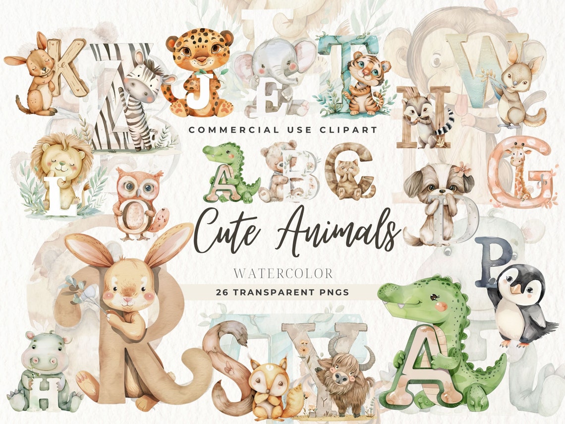 Watercolor Animal Alphabet Clipart, Commercial Use, Instant Download ...