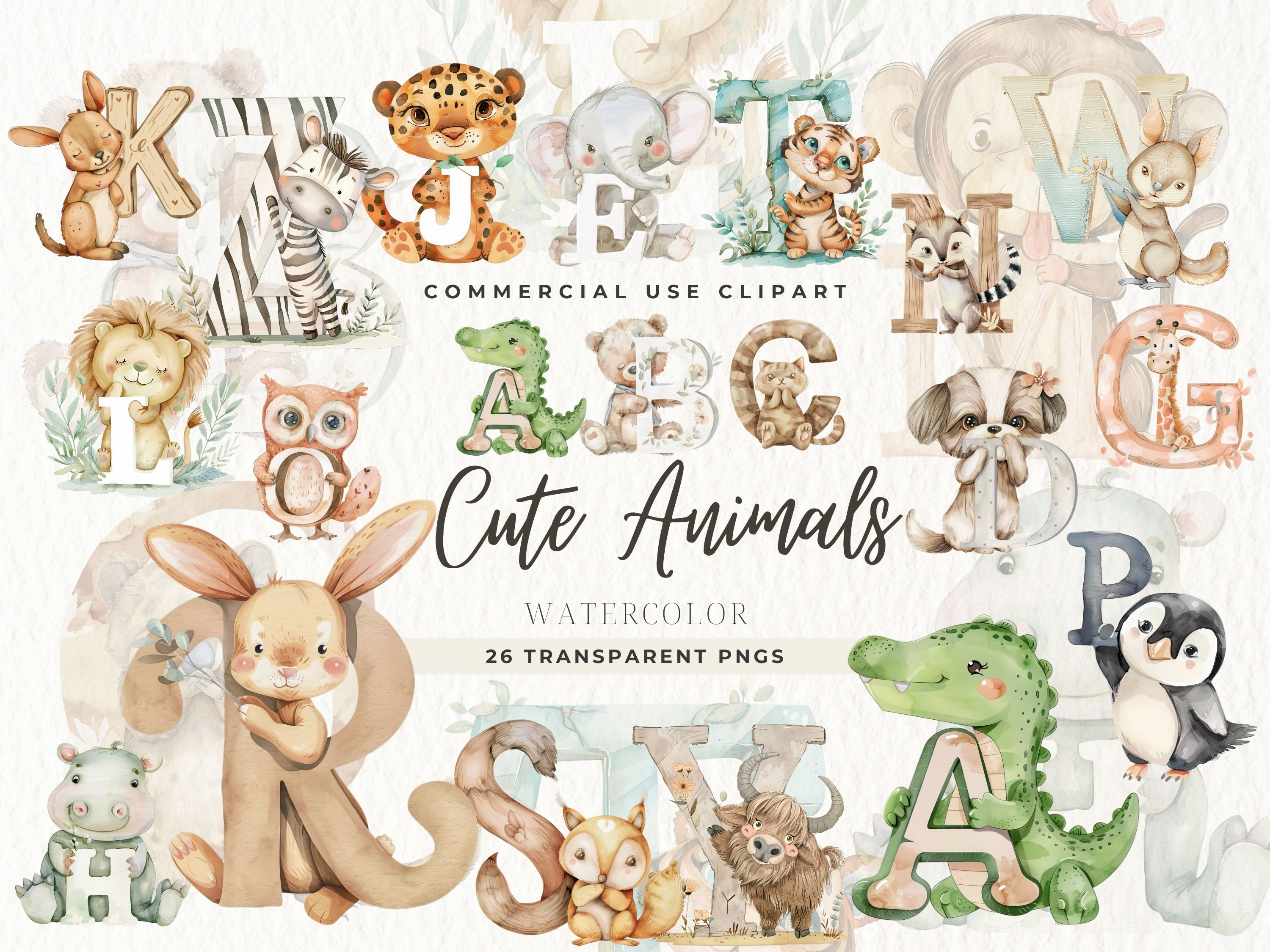 Watercolor Animal Alphabet Clipart, Commercial Use, Instant Download ...